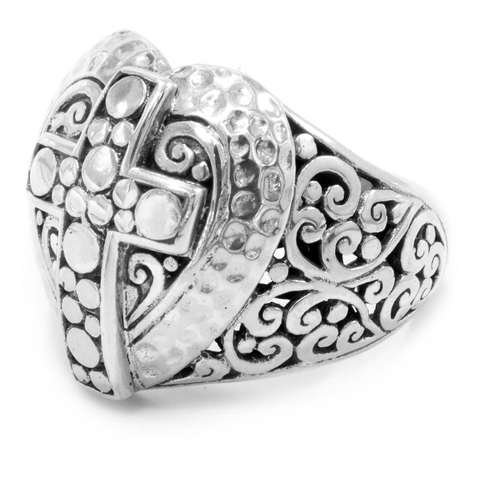 SARDA - .925 Sterling Silver Flat Jawan & Tree of Life Heart Cross 3/4" Statement Ring - Handmade by Bali Artisans - Size 8