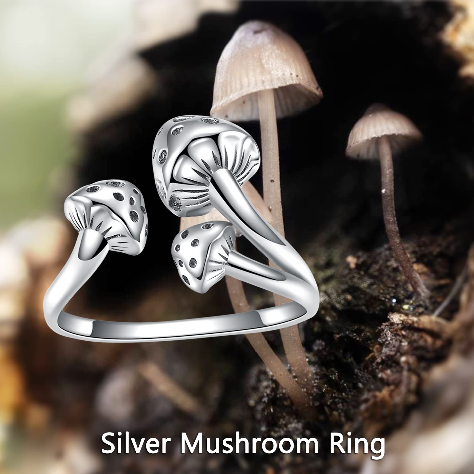 POPLYKE Mushroom Rings For Women Sterling Silver Adjustable Open Ring Jewelry Vintage Cute Cool Nature Ring