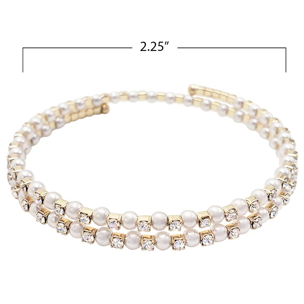 Rosemarie & Jubalee Women's Dainty Simulated Pearl And Crystal Rhinestone Flexible Wire Coil Wrap Around Cuff Bracelet, 13" (Gold Tone)
