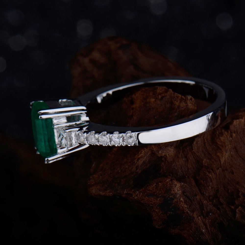 Lanmi Solid 14K White Gold Natural Green Emerald Rings Engagement Wedding Diamond Band for Women Promotion