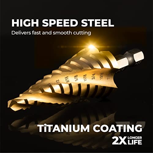 toolant Four Sprial Flute Step Drill Bit, 3/16"-7/8" Impact Ready Titanium Coated Unibit Step Bit, 1/4" Hex Shank Unibit for Metal, Stainless Steel, Aluminum, Wood, Plastic
