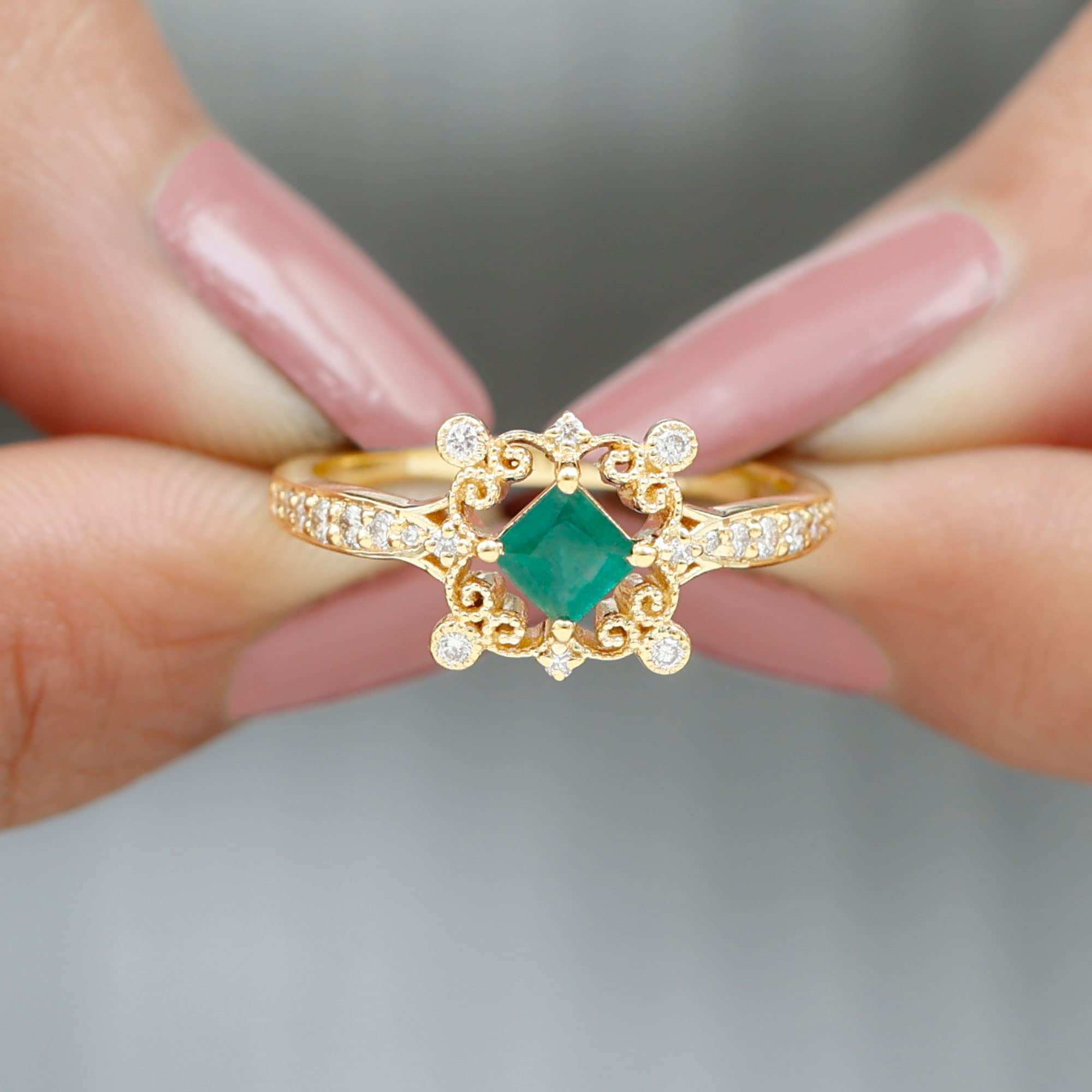 Rosec Jewels Certified Emerald Vintage Inspired Engagement Ring, AAA Quality, Natural Emerald Diamond Art Deco Ring, 14K Yellow Gold, Size:US 7.00