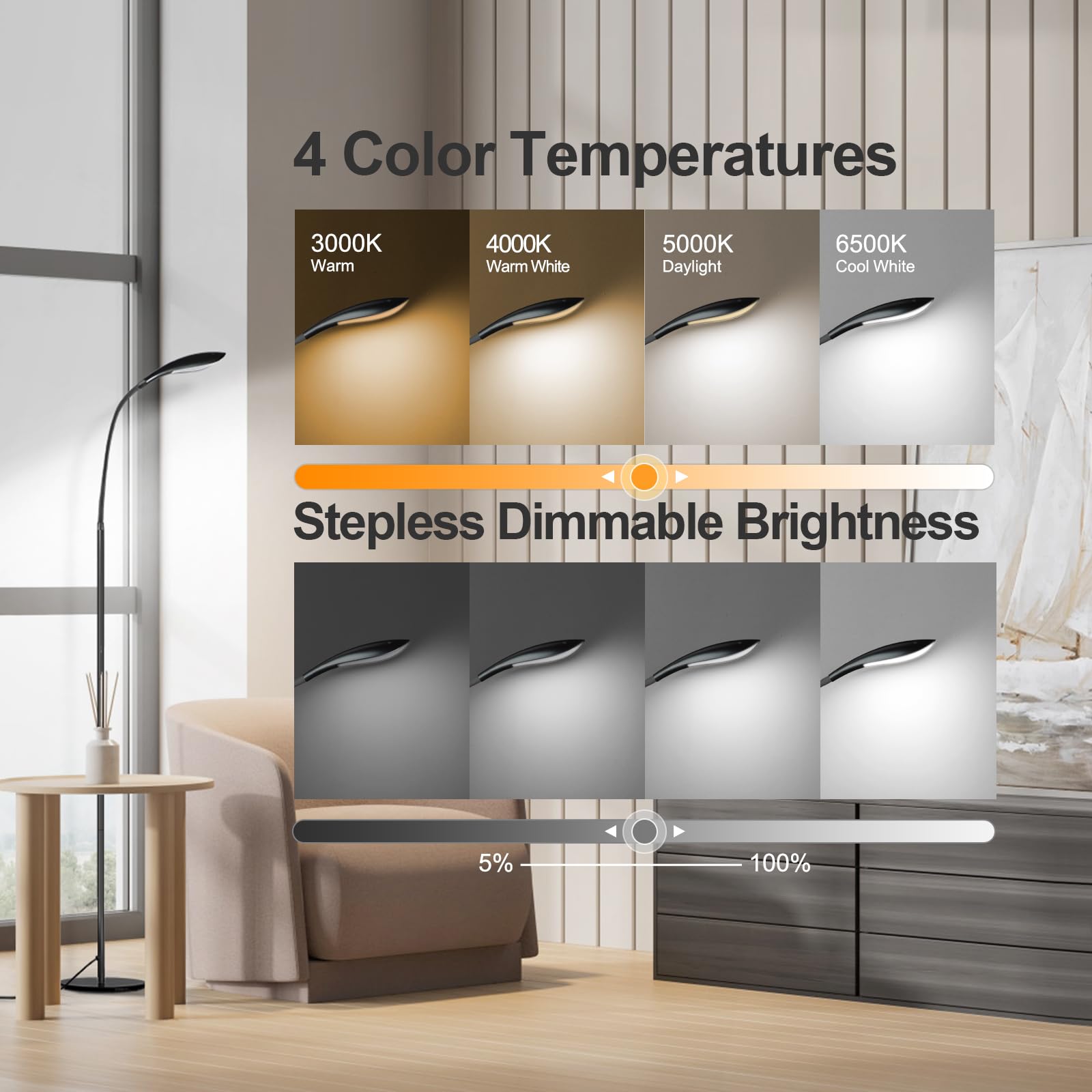 OUTON LED Floor Lamp, 12W 1080LM, Dimmable Adjustable Gooseneck Standing Lamp with 4 Color Temperature, Remote & Touch Control, 1H Timer, Memory Function for Reading Living Room Bedroom Office (Black)