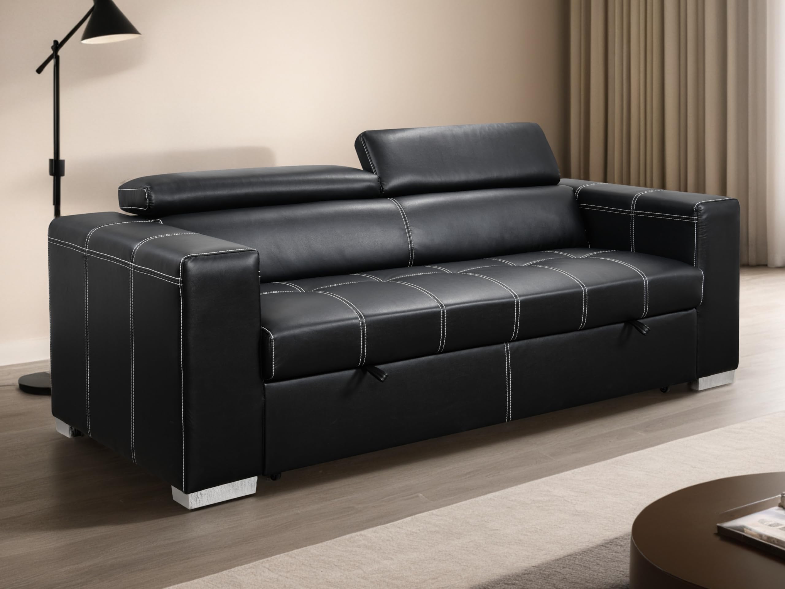 ZIGHTH 88 inch Oversized Breathable Leather Sofa with Adjustable Headrest, Modern Breathable Leather Couch Loveseat with Pull Out Chaise Lounge, Black Leather Sofa for Living Room, Apartment (Black)