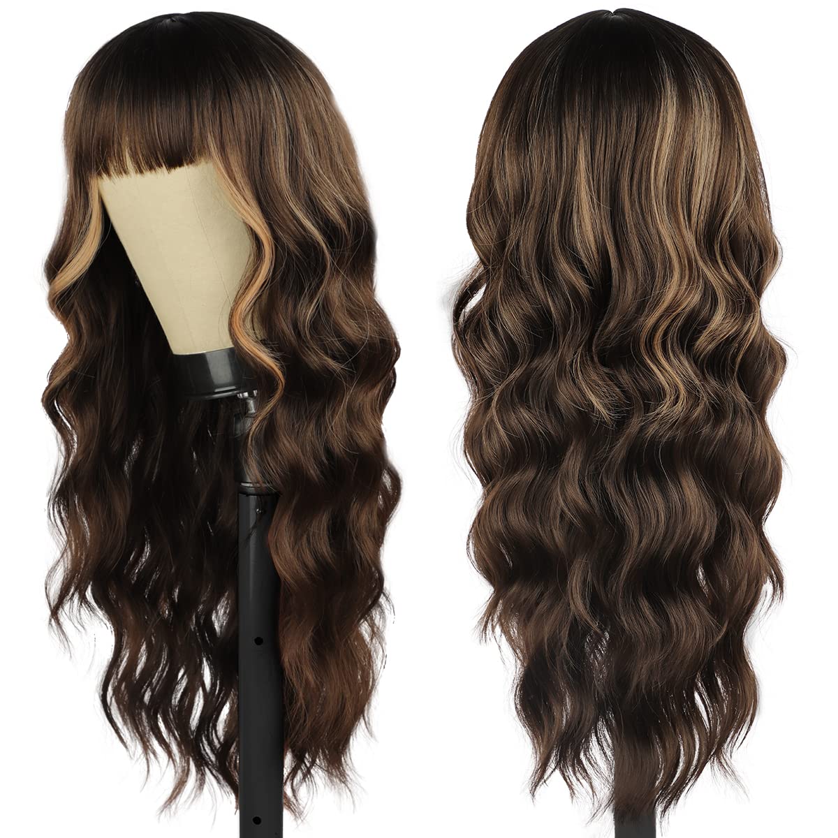 Vigorous Brown Wig With Bangs Long Wavy Wig for Women Synthetic Curly Wavy Wigs Brown Mixed Blonde color for Daily Party Use