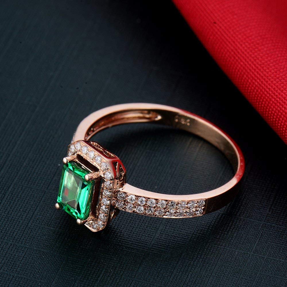 Lanmi Solid 14K Rose Gold Natural Green Emerald Ring Diamonds Engagement Wedding Rings for Ladies Women