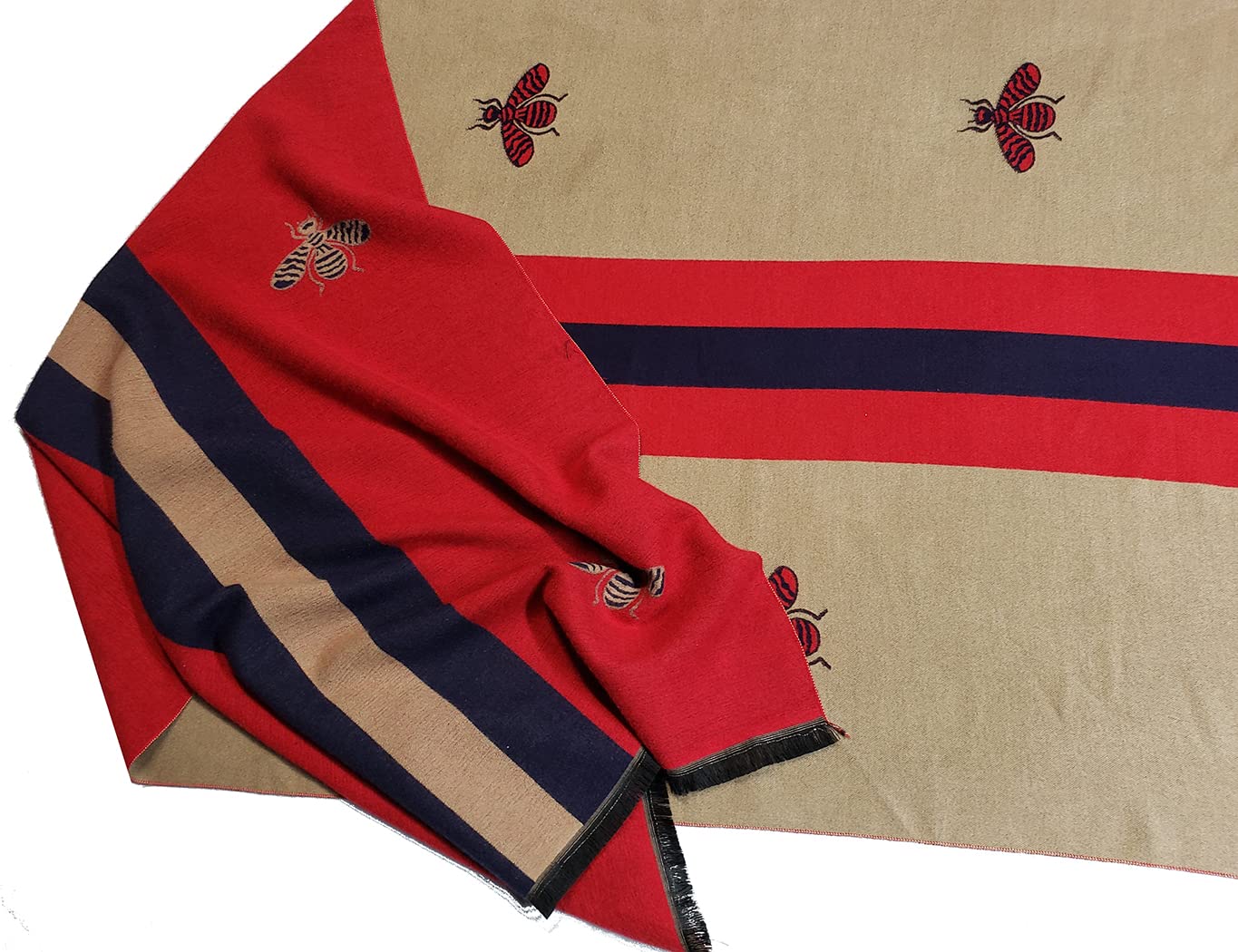 Rosemarie & Jubalee Women's Chic Reversible Navy Tan And Red Designer Bee Fashion Wrap Scarf, 72"