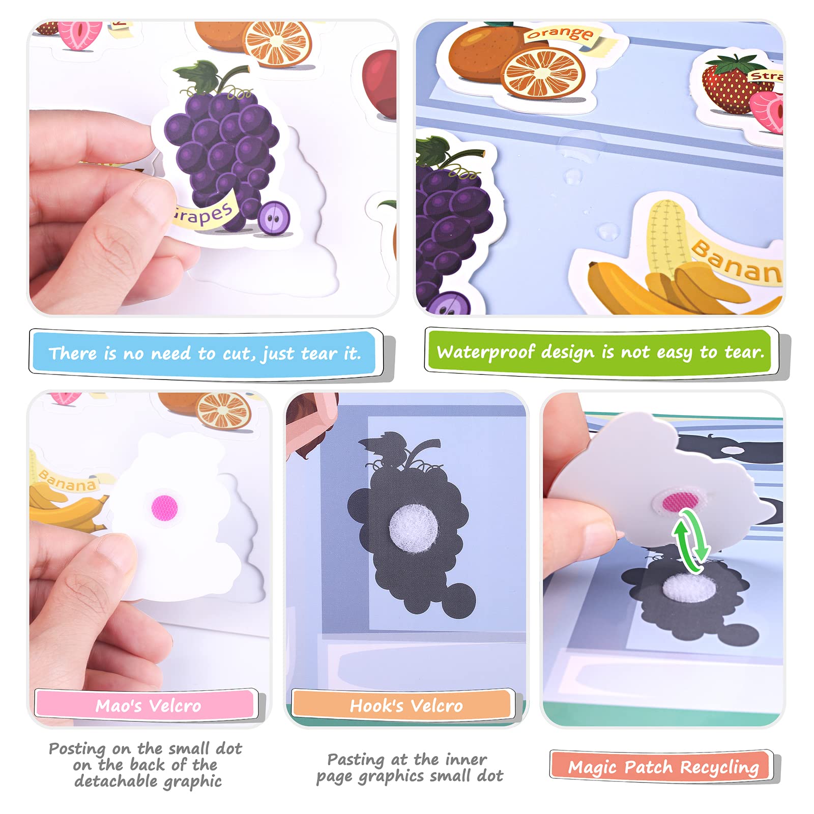 YAOFEER Busy Book for Toddlers 1-3, Montessori Busy Book Preschool Activity Sticker Quiet Books for Toddlers Preschool Learning Book to Develop Multidimensional Sense- Vegetable & Fruit