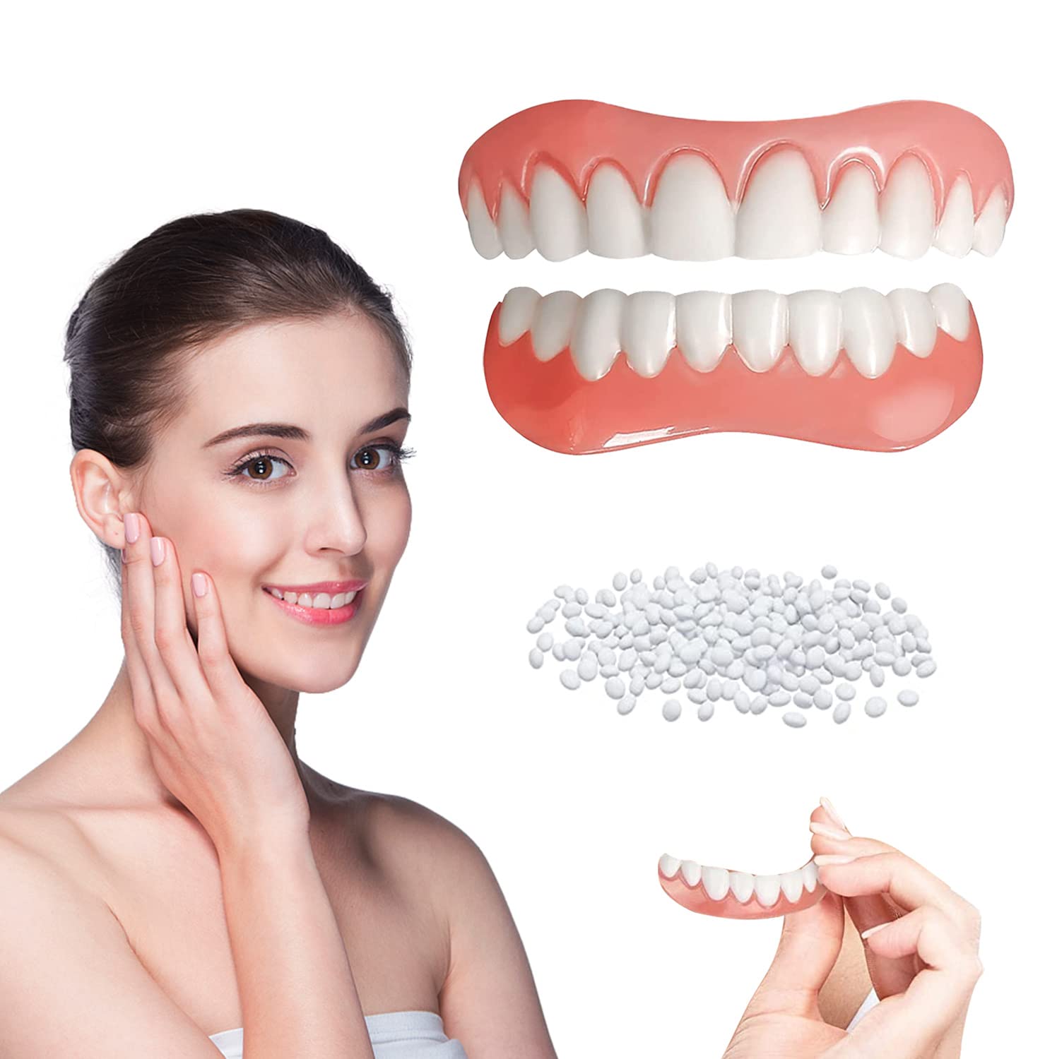 YUANDAN Fake Teeth, 2 PCS Dentures Teeth for Upper and Lower Jaw, Nature and Comfortable, Protect Your Teeth and Regain Confident Smile A1 White