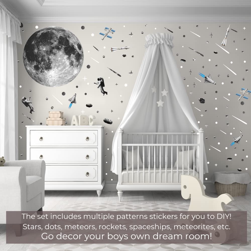 Wonder Space Outer Space Jumbo Moon Wall Decals - Large Peel and Stick Boys Nursery Room Wall Stickers - Universe Galaxy Spacecraft Spaceship Explorer Astronaut Stars Meteors Meteorites Satellite