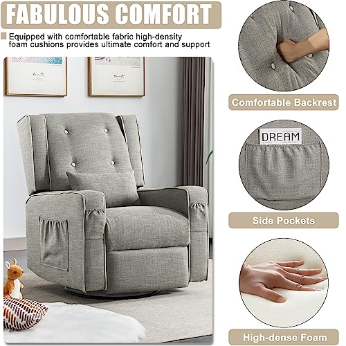OPRISEN 360° Manual Swivel Recliner Swivel Rocker Recliner Chair for Nursery Overstuffed Wingback Glider Chair w/Side Pockets/Cup Holders (Beige)