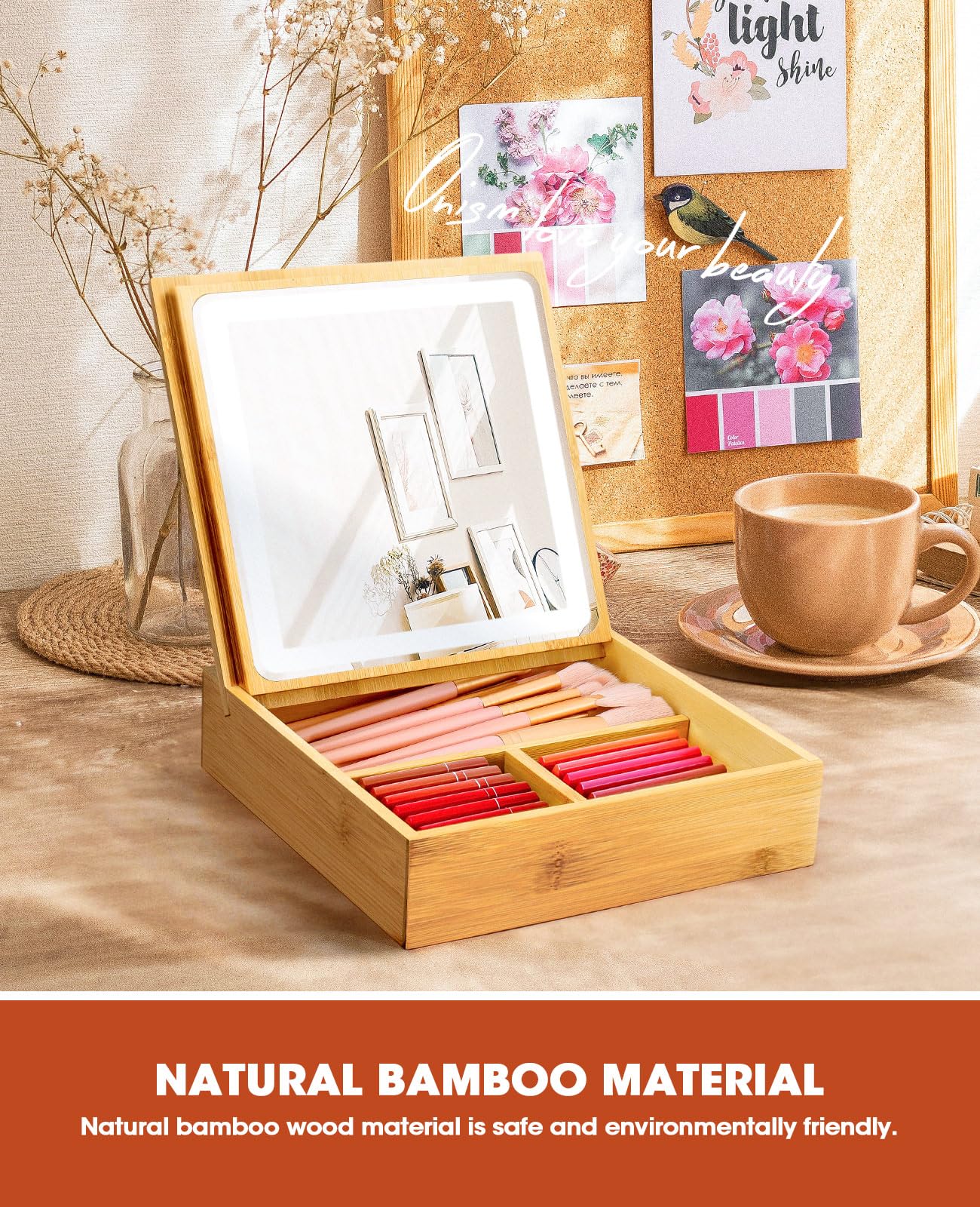 Onism Bamboo Makeup Organizer with LED Light Mirror, Cosmetic Organizer Storage for Store Cosmetics, Makeup Brushes, Jewelry, Hair Accessories, Perfect for Bathroom, Bedroom, Vanity