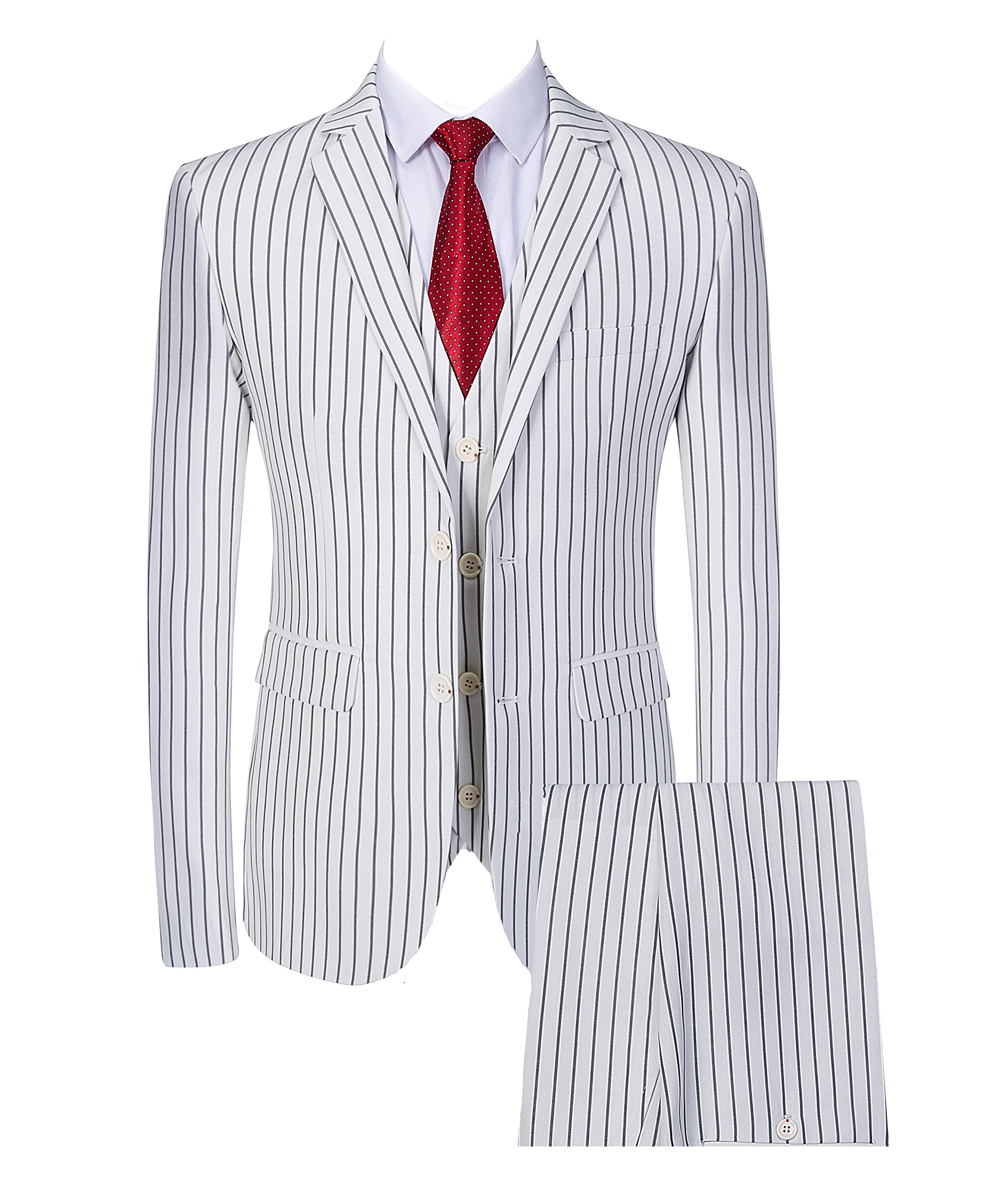 Mens 3 Piece Pinstripe Suit Slim Fit Casual Dress Suits Blazer + Vest + Pants US Size 32 White
