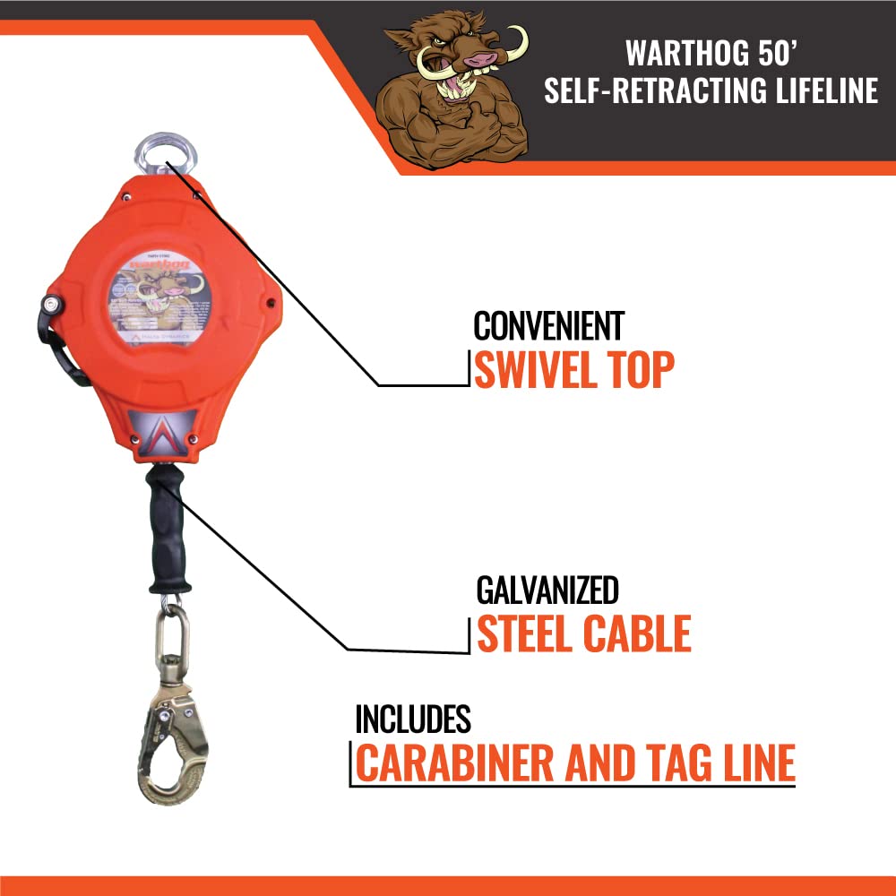 Malta Dynamics 50' Warthog Cable Self-Retracting Lifeline SRL, OSHA/ANSI Compliant