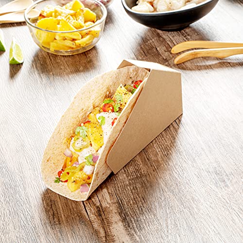 Restaurantware Bio Tek 6 .25 x 2 x 3.75 Inch Single Taco Holder 200 Greaseproof Stand Up Taco Holder - Large Self-Standing Kraft Paper Paper Taco Holder Freezable