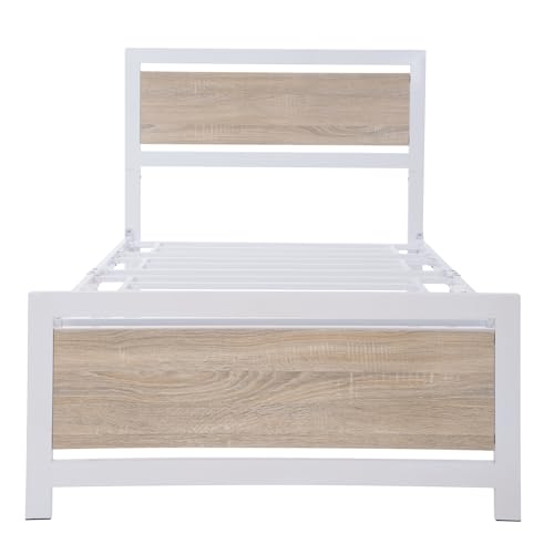 Metal and Wood Bed Frame with Headboard and Footboard, Twin Size Platform Bed, No Box Spring Needed, Easy to Assemble(White)
