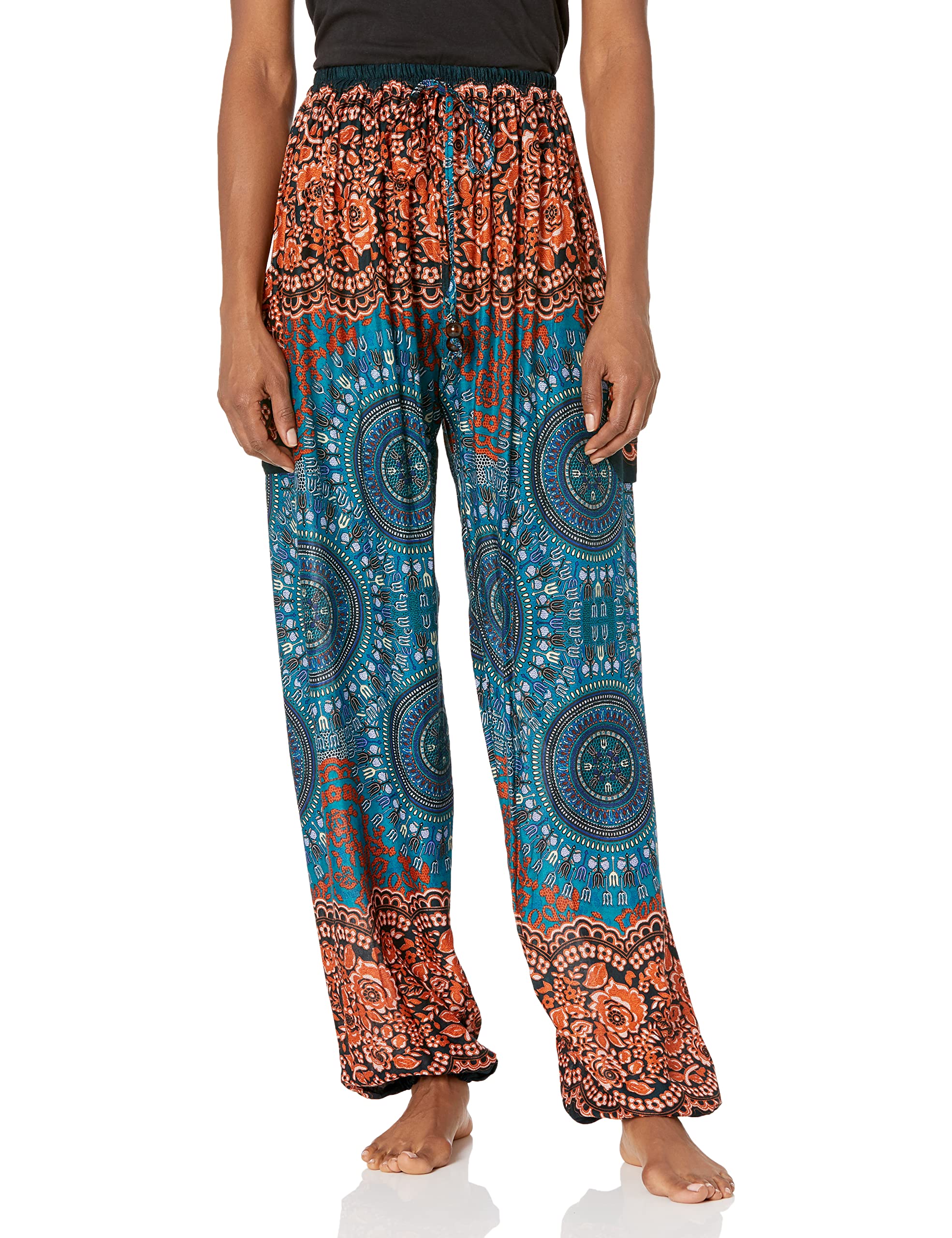 Lannaclothesdesign Women's Boho Drawstring Smocked Waist Rayon Harem Yoga Pants (M, Teal)