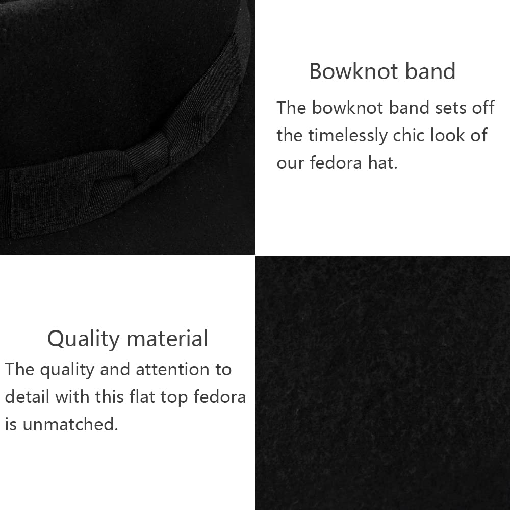 PORSYOND Wide Brim Felt Fedora Hat Men Women Panama Jazz Hat Trilby Hat with Bowknot Band (Black)
