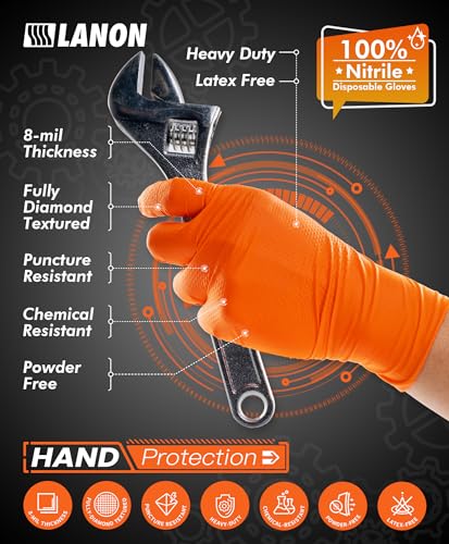 LANON 8mil Orange Disposable Nitrile Gloves, Mechanic, Heavy Duty, Food Safe, Latex Free, Powder Free, Fully-Diamond Textured, Large