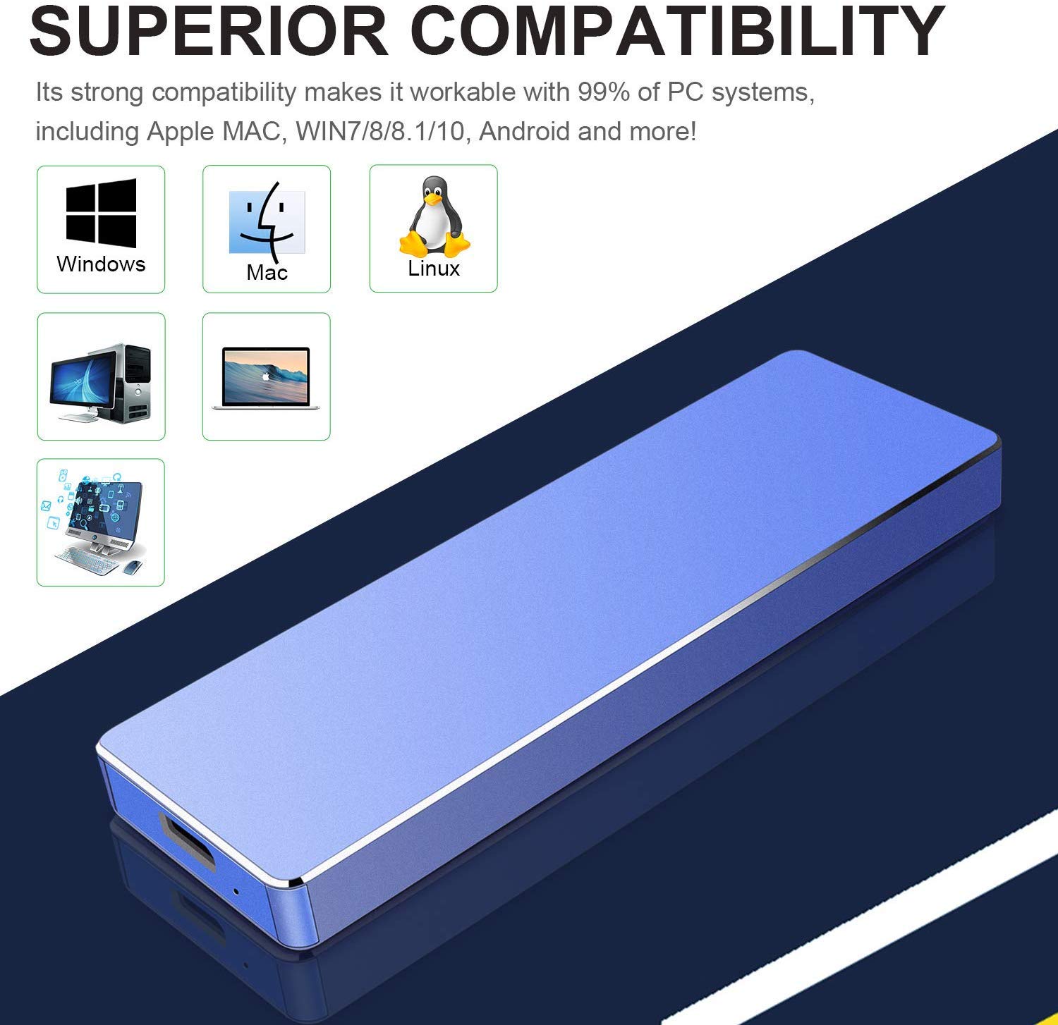 YASHAN External Solid State Drive Mobile SSD 2TB Portable External Solid State Drive Storage USB3.1 Type-C Compatible with PC, Laptop and Mac (2TB, B)