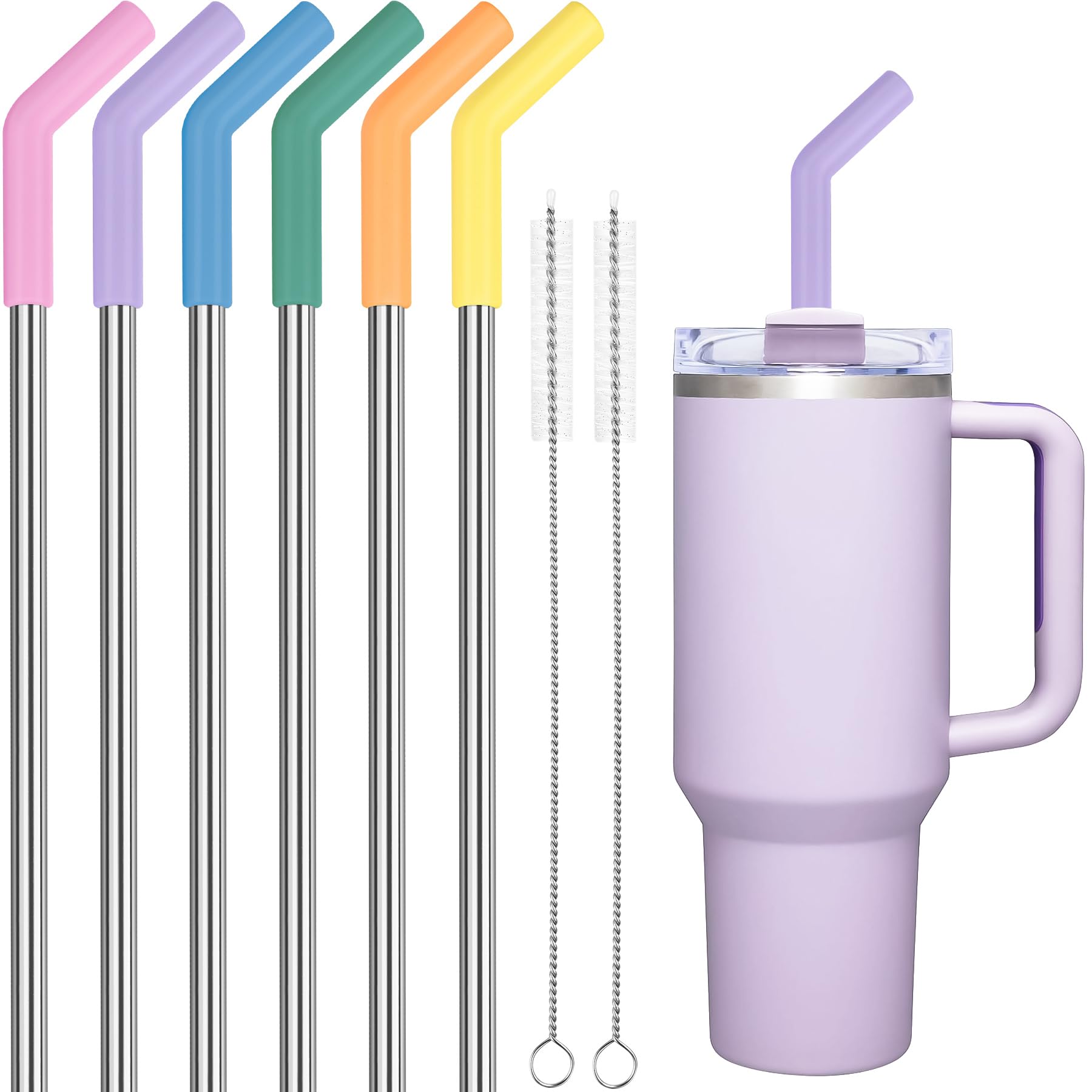 Tomorotec 6-Pack Macaron Colors Silicone Tip Stainless Steel Straws for 40oz Stanley Tumblers with 2 Cleaning Brushes, 12" Long BPA-Free Healthy & Safe for Outdoor & Home Use, Enhances Drink Enjoyment