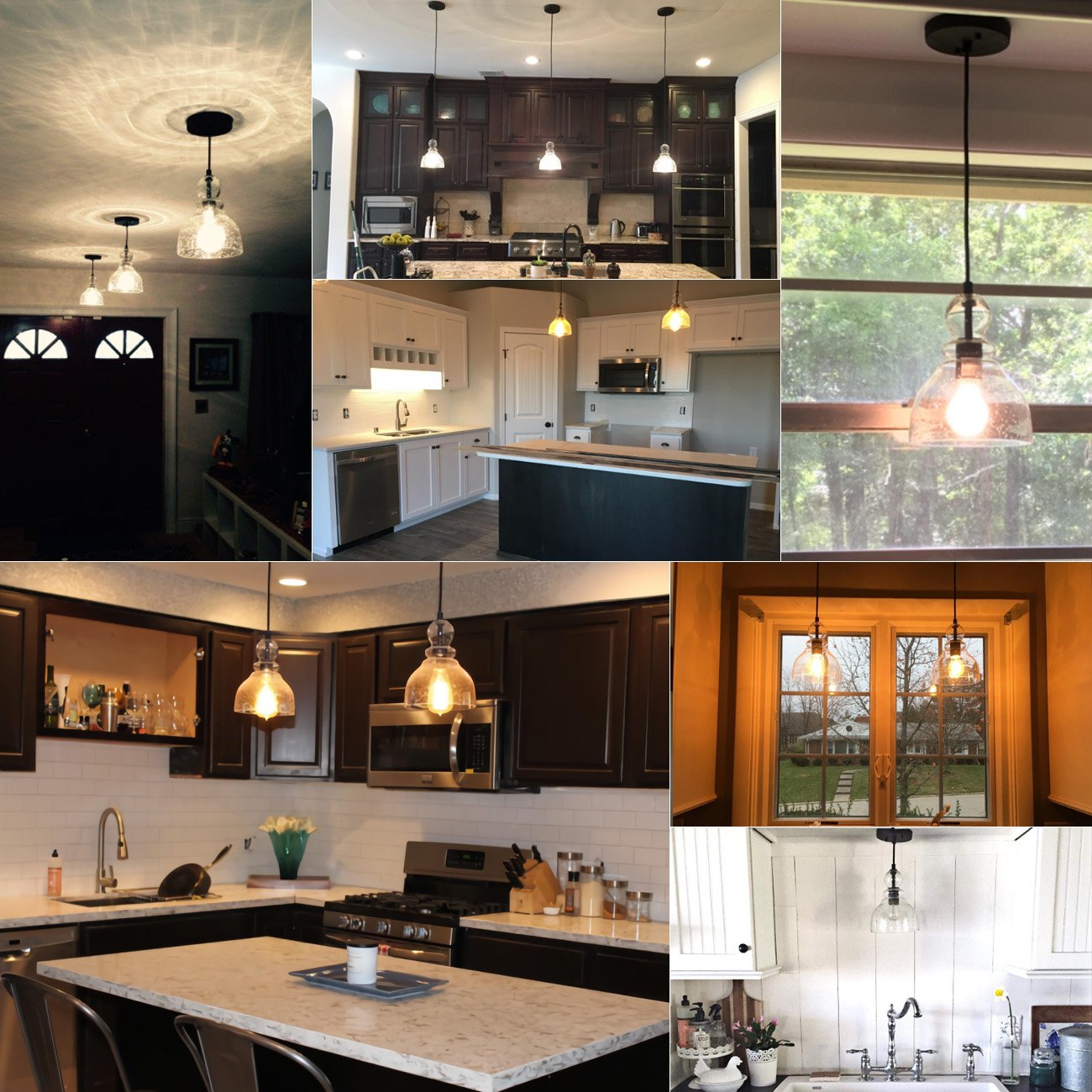 LANROS Farmhouse Kitchen Pendant Lighting with Handblown Clear Seeded Glass Shade, Adjustable Cord Mini Ceiling Light Fixture for Kitchen Island Sink, Matte Black Finish, 7inch, 2 Pack