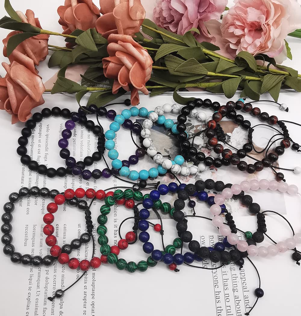 SAMOCO 12 Pcs 8mm Beads Natural Crystal Bracelet for Women Men Gemstone Beads Bracelet Unisex Adjustable Macrame Bracelets Set
