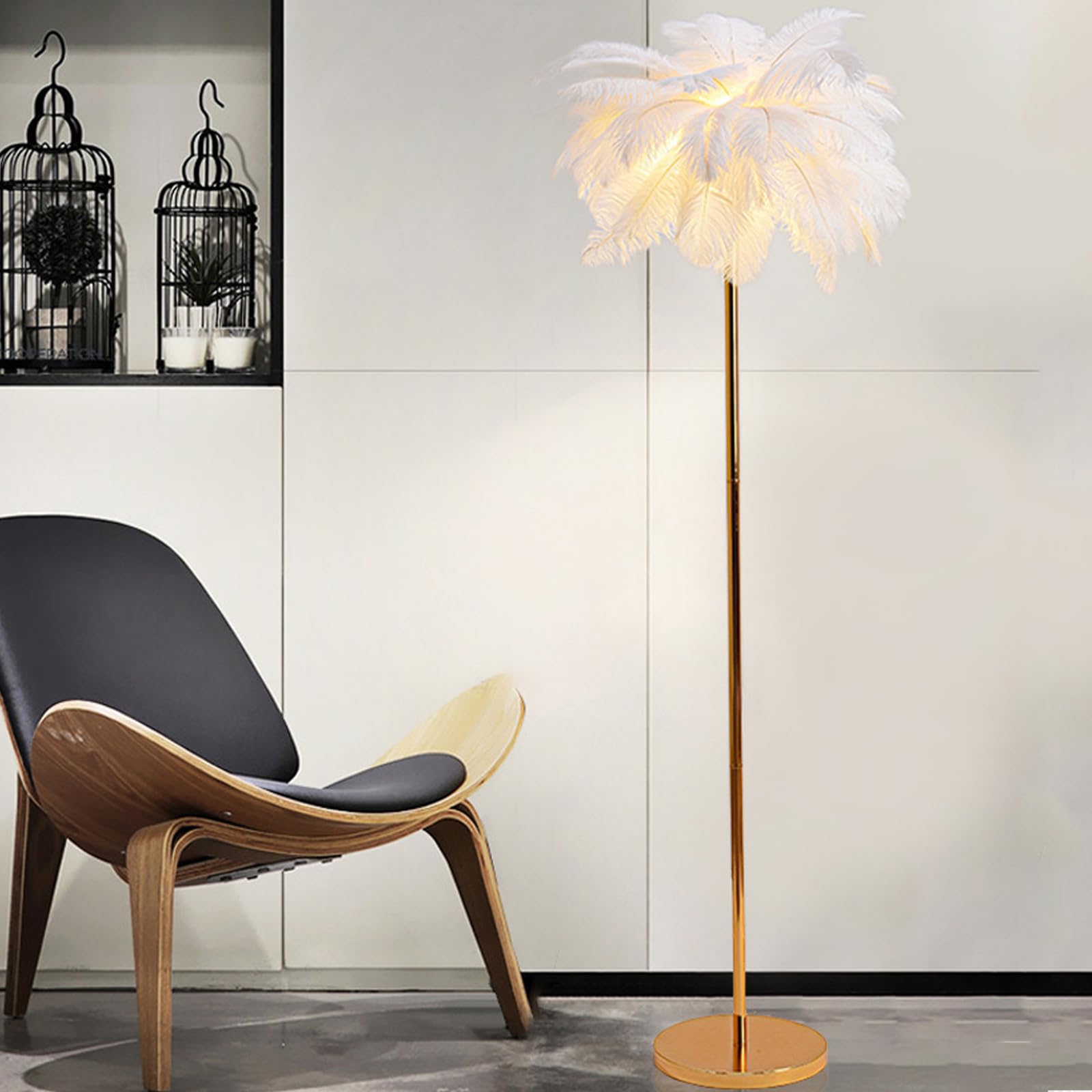 Natural Ostrich Feather Floor Lamp, Simple Modern Bedroom and Living Room Standing Lamp, Decor Corner Floor Lamp with Feather lampshade Dimmable Floor Standing Lamp for Bedroom Study Office (White)