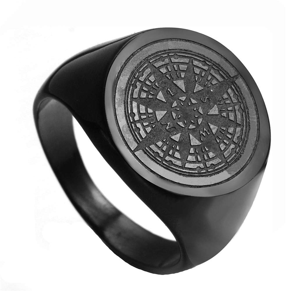 OAKKY Men's Women's Stainless Steel Vintage Round Compass Signet Ring Silver Size 9