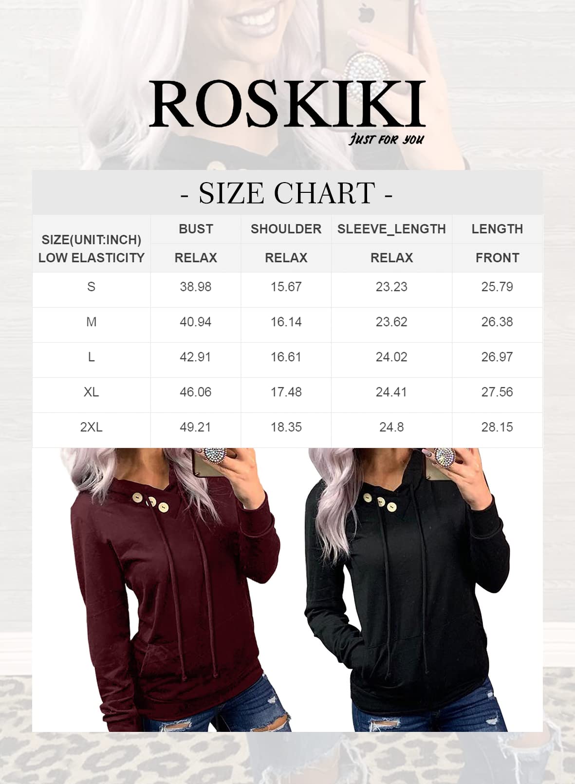 ROSKIKI Womens Solid Hoodies Long Sleeve Drawstring Button Decoration Kangaroo Pocket Sweatshirts Loose Pullover Tops Brown Small