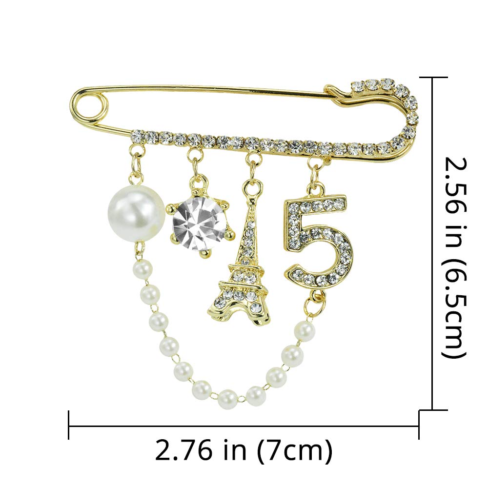 Mamfous Vintage Crown Number 5 Lapel Pins and Brooches for Women Rhinestone Jewelry with Simulated Pearl