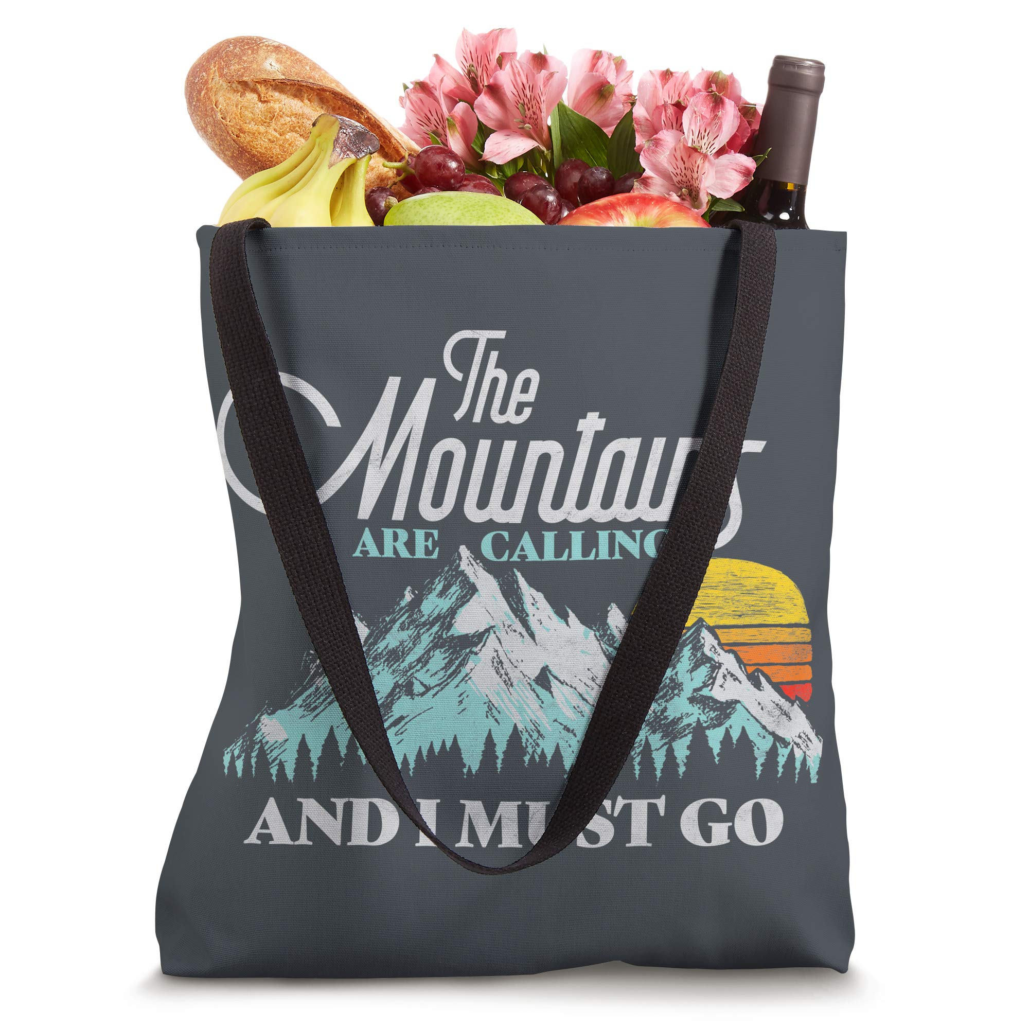 Mountains Are Calling & I Must Go Retro 80s Vibe Graphic Tote Bag