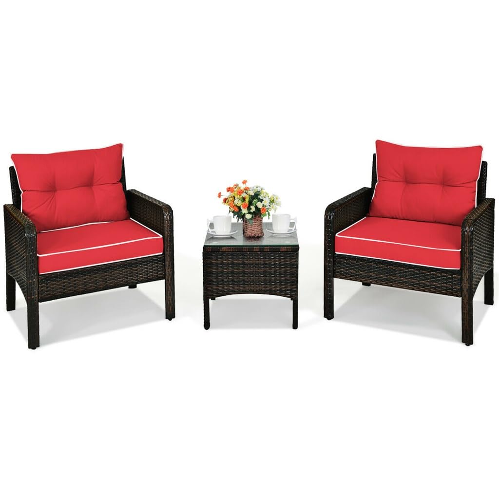 LIUJUN 3PCS Outdoor Rattan Conversation Set Patio Furniture Cushioned Sofa Chair Red