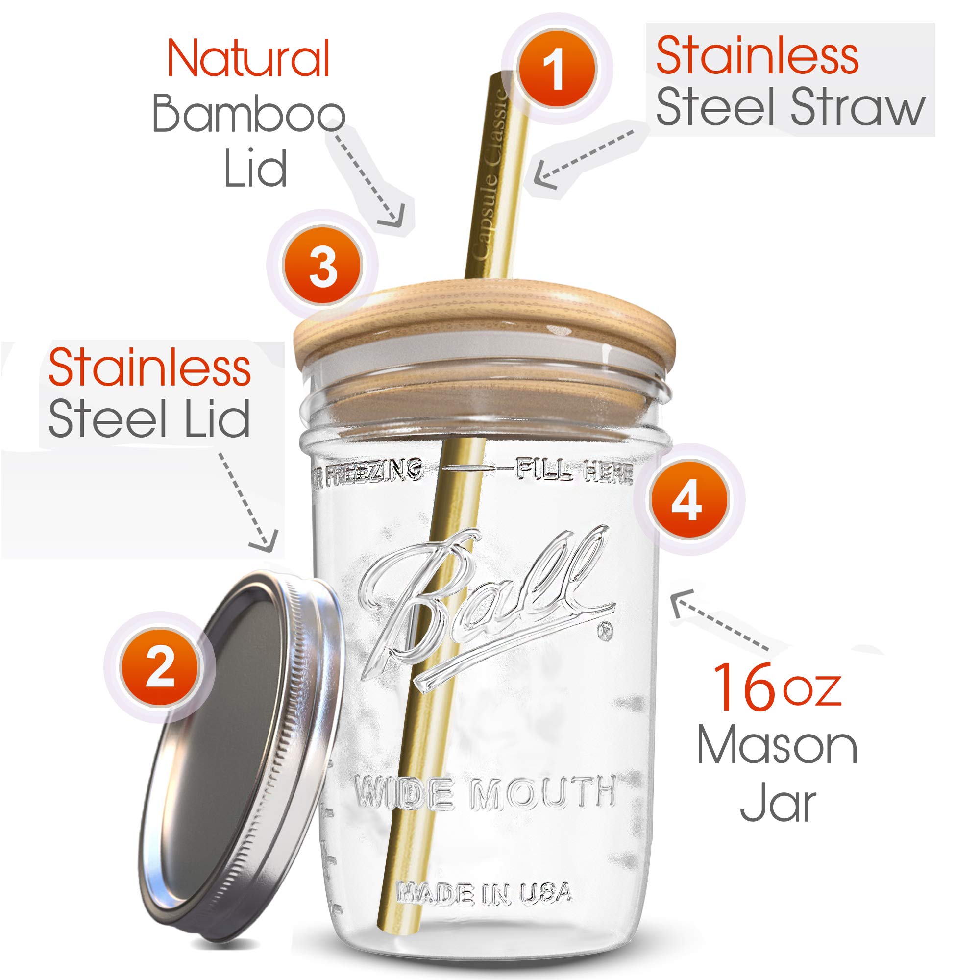 Reusable Boba Bubble Tea & Smoothie Cups - 2 Glass Wide Mouth 16oz Mason Jars with Bamboo Lids - 2 Reusable Gold Stainless Steel Boba Straws