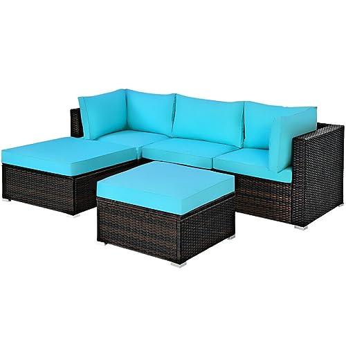 LIUJUN 5PCS Patio Rattan Furniture Set Sectional Conversation Set Ottoman Turquoise