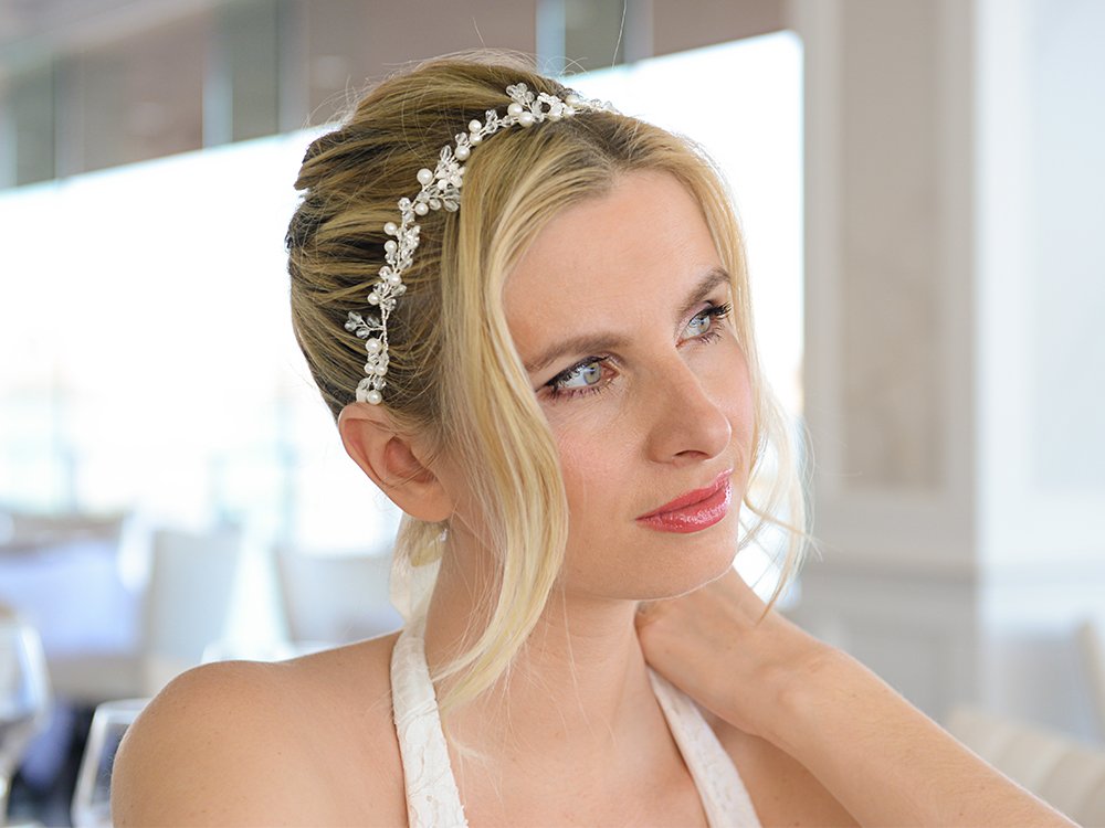 Mariell Crystal Bridal or Wedding Halo Headband with Silver Flowers, Ivory Pearls and Ivory Satin Ribbon