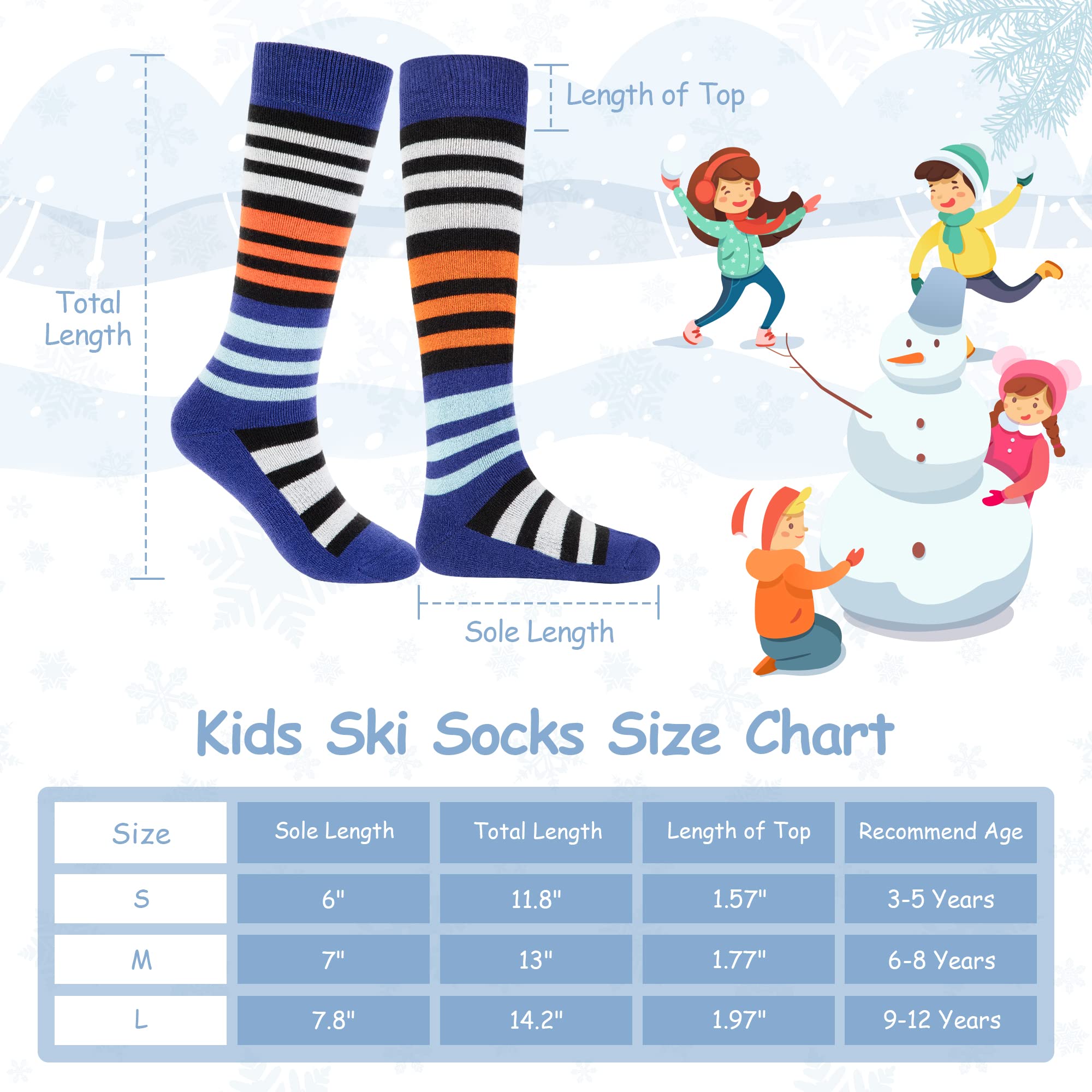 LULLABY KIDS Snow Ski Socks Full Terry Warm Skiing Socks Boys Thermal Socks Merino Wool Socks For Toddlers Kids Warm Socks, 2 Pairs Strip, 3-5 Years