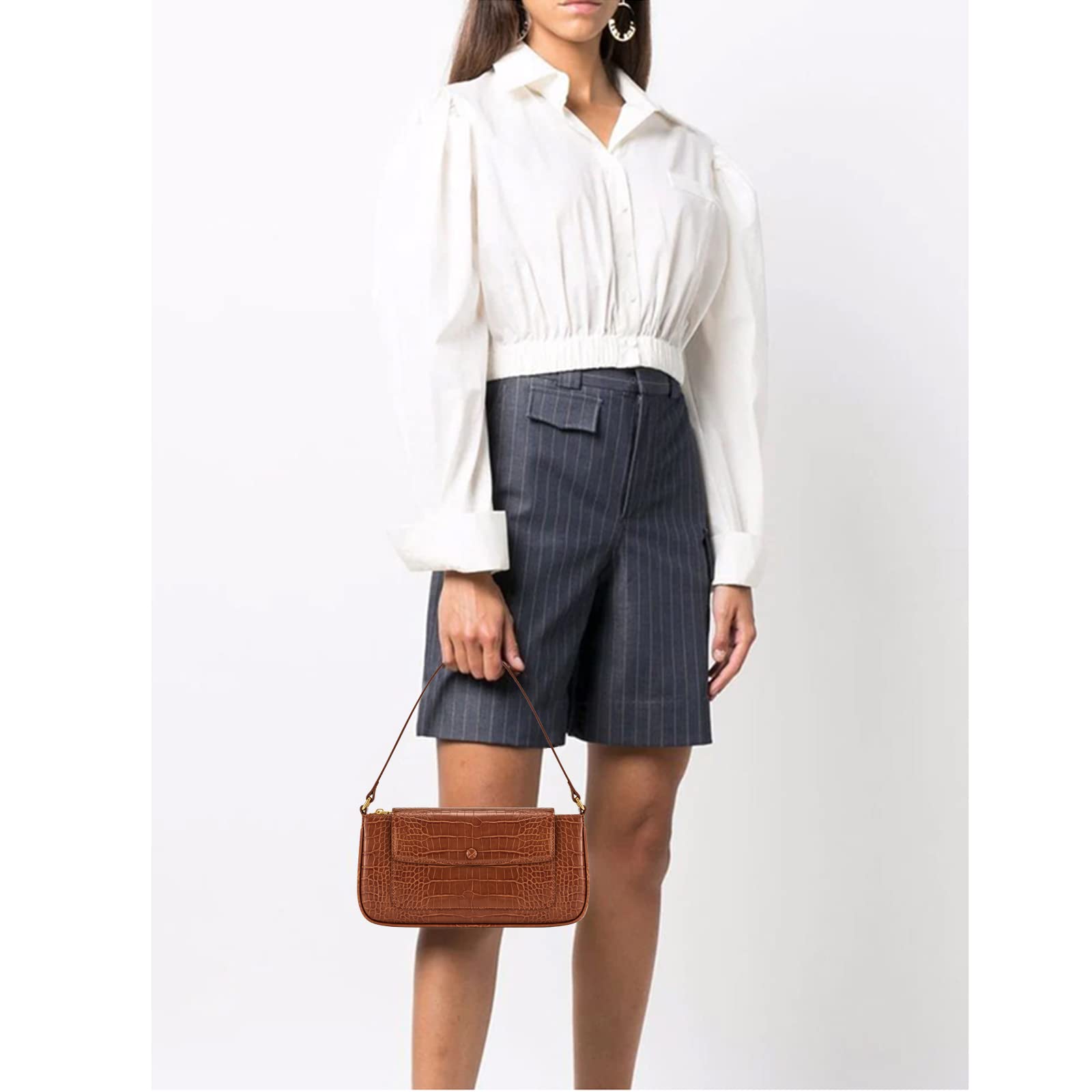 Shoulder Bag, Mini Handbags Purses, Brown Shoulder Bag for Women, PU Leather Crocodile Pattern Handbags