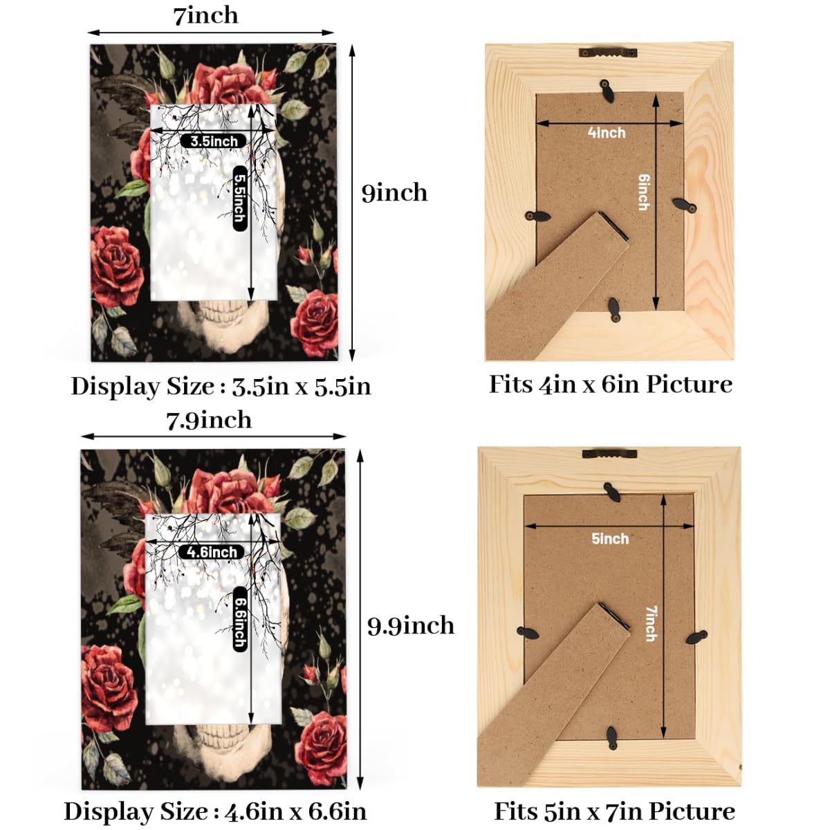 POFATO Skull Red Rose 5x7 Picture Frame Wood Photo Frame for Tabletop Display Wall Mount Picture Frame Display 5 x 7 Inch Photo Wall Decor Home Gift Frames