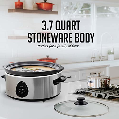 OVENTE 3.7 Qt Electric Slow Cooker with 3 Settings, Dishwasher-Safe Pot, Tempered Glass Lid - Portable Multicooker for Soups, Sauces, Stews & Dips
