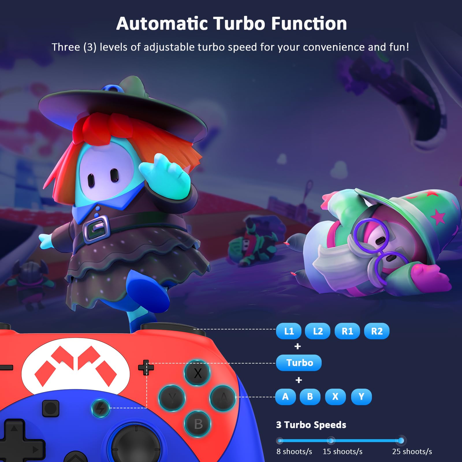 NexiGo Switch Wireless Controller for Nintendo Switch/Lite/OLED with Back Buttons, Bluetooth Controller with Semi-Auto Turbo, Motion, Vibration Function (Red & Blue)