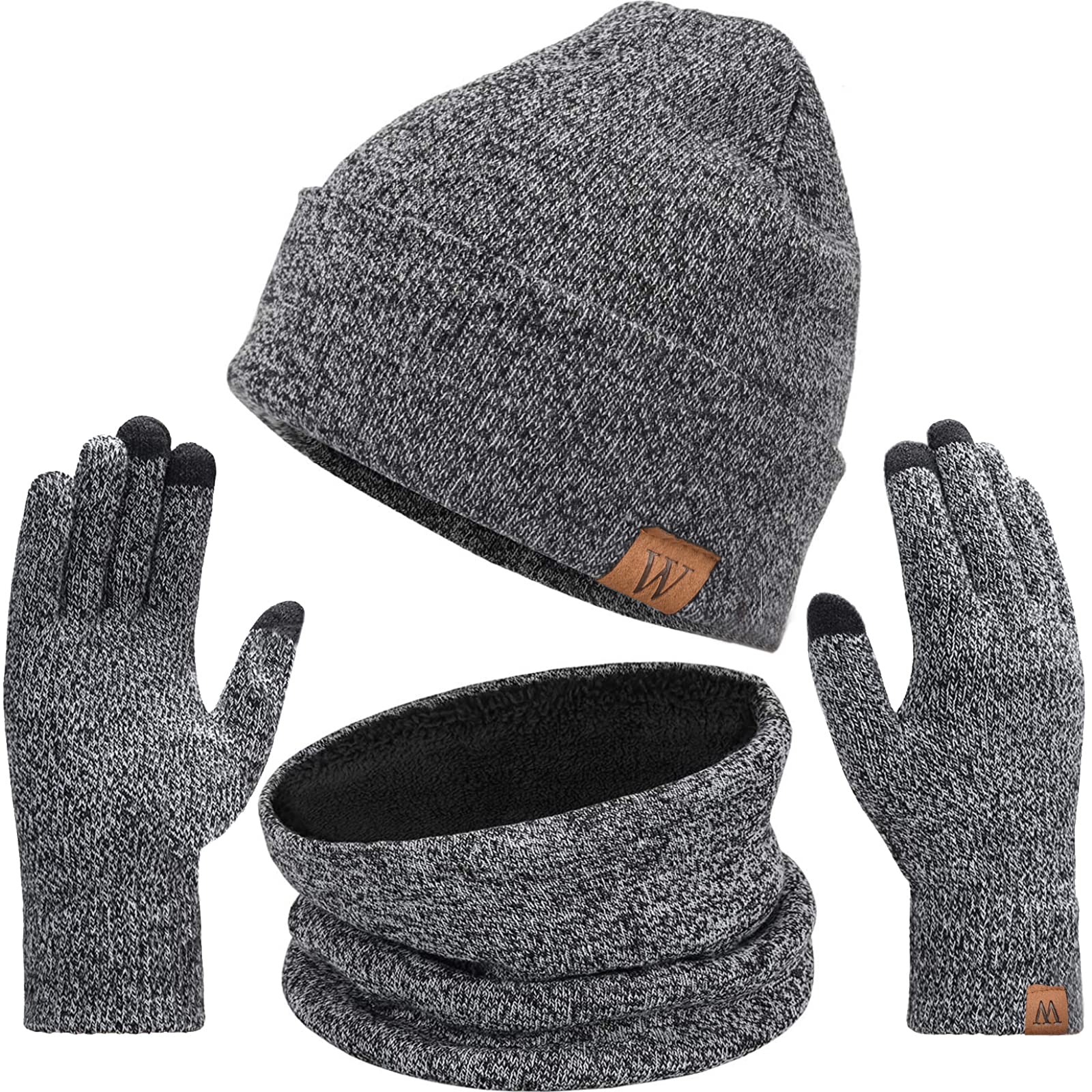 Mens Winter Hat Scarf Gloves 3 in 1, Fleece Lined Thick Warm Beanie Hats Set, Knit Slouchy Skull Caps (Black)