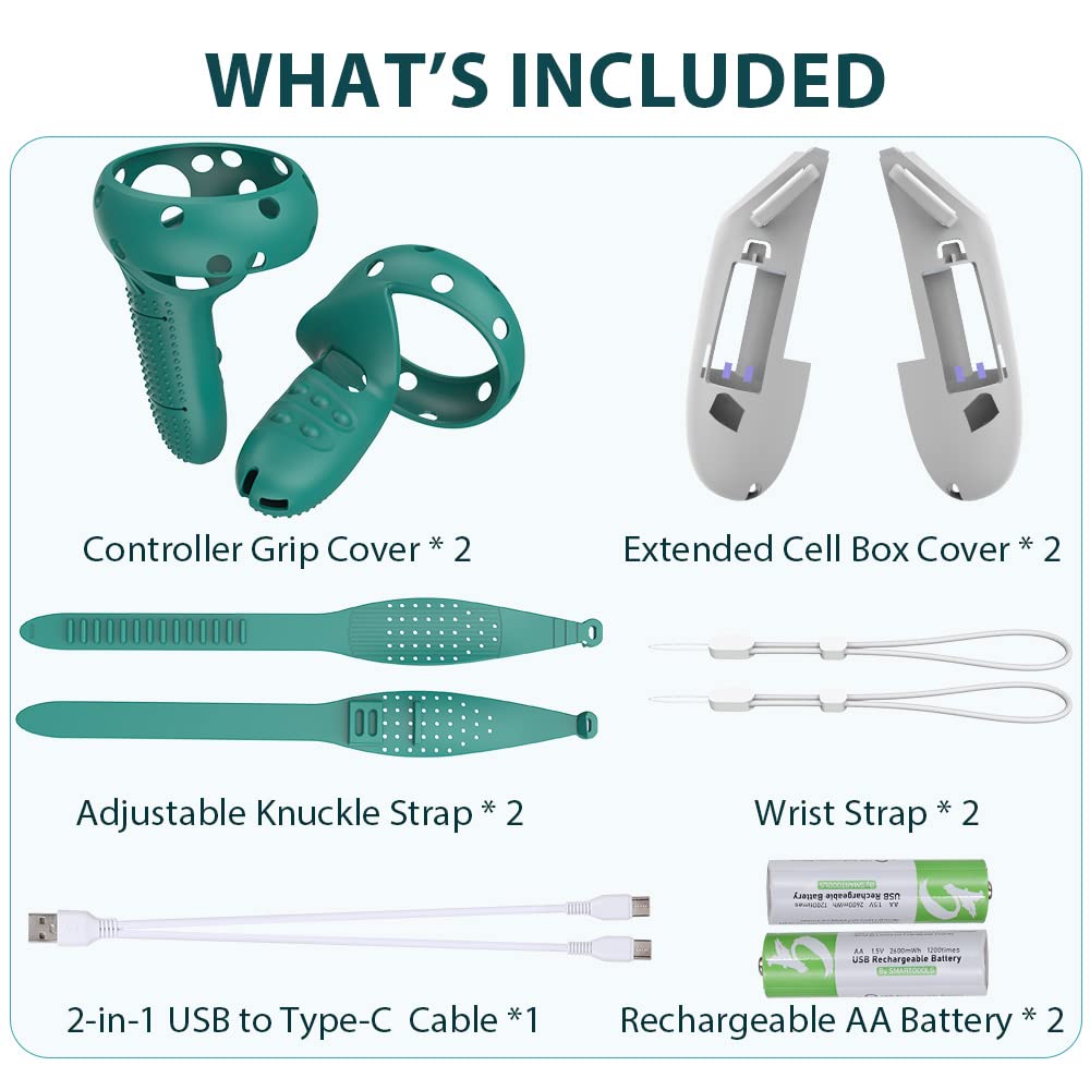 TAACOO Controller Grips Cover and 2 Rechargeable Batteries for Meta/Oculus Quest 2 Controllers, Extended Controller Grips with Battery Opening, 2 USB Rechargeable AA Batteries with 2-in-1 USB-C Cable (Peacock Blue)