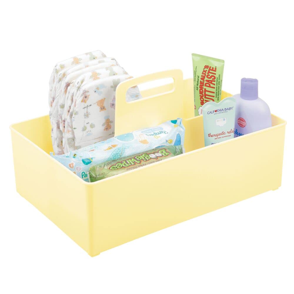 mDesign Large Plastic Divided Baby Nursery Storage Caddy Tote Bin with Handle, Holds Bottles, Spoons, Bibs, Pacifiers, Diapers, Wipes, Lotion - Ligne Collection, Light Yellow