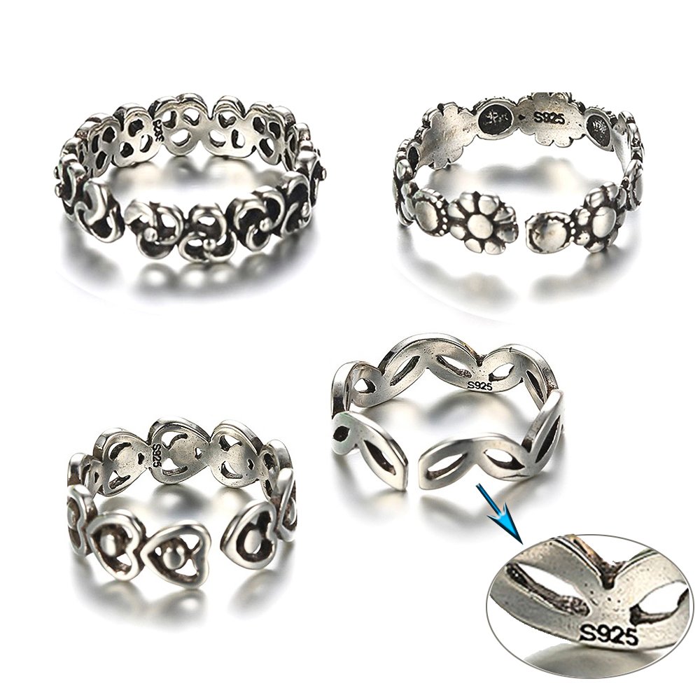 lauhonmin 3pcs S925 Sterling Silver Open Rings Set Finger Ring Joint Ring Toe Ring Beach Jewelry Gifts for Women Adjustable (Style B)
