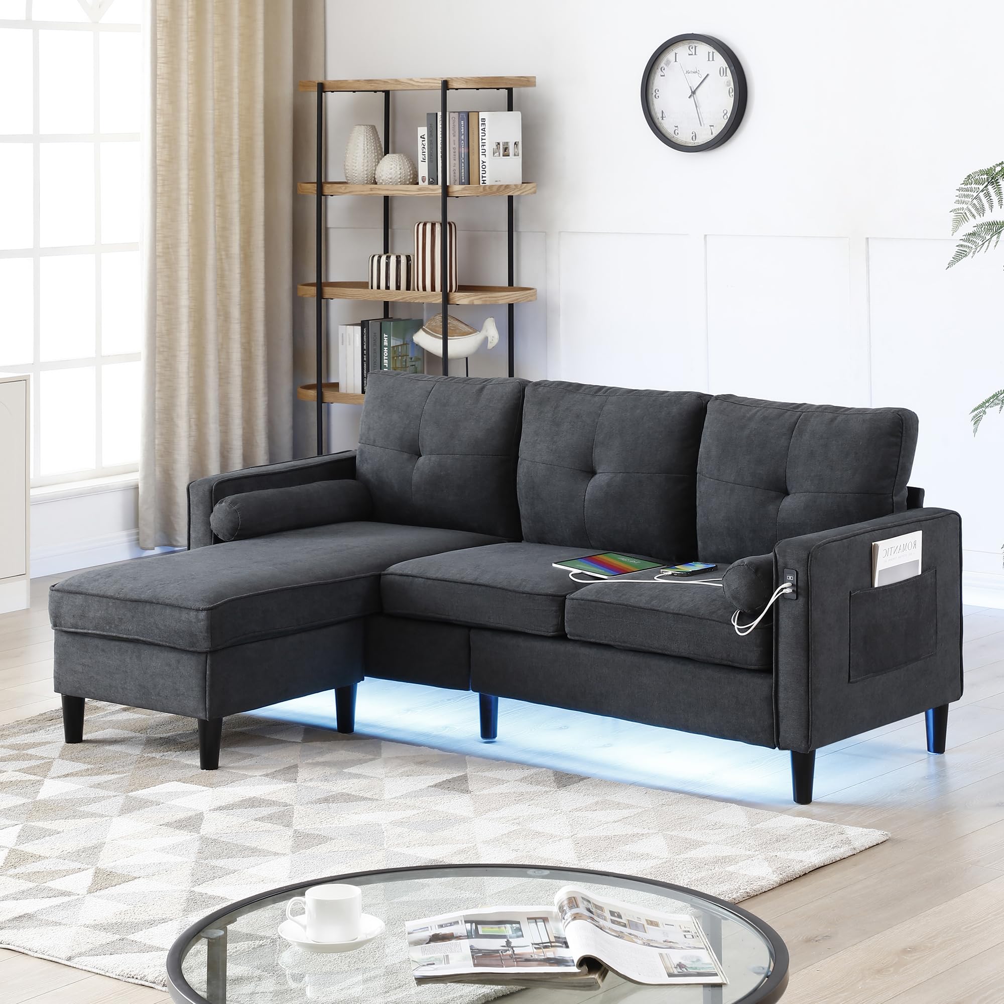 ZJT 75 Inch 3-Seater Sectional Sofa with Charging Station, L-Shaped Reversible Couches with LED Lights, Storage Ottoman and 2 Side Pockets, Linen Corner Sofa for Living Room (Black)