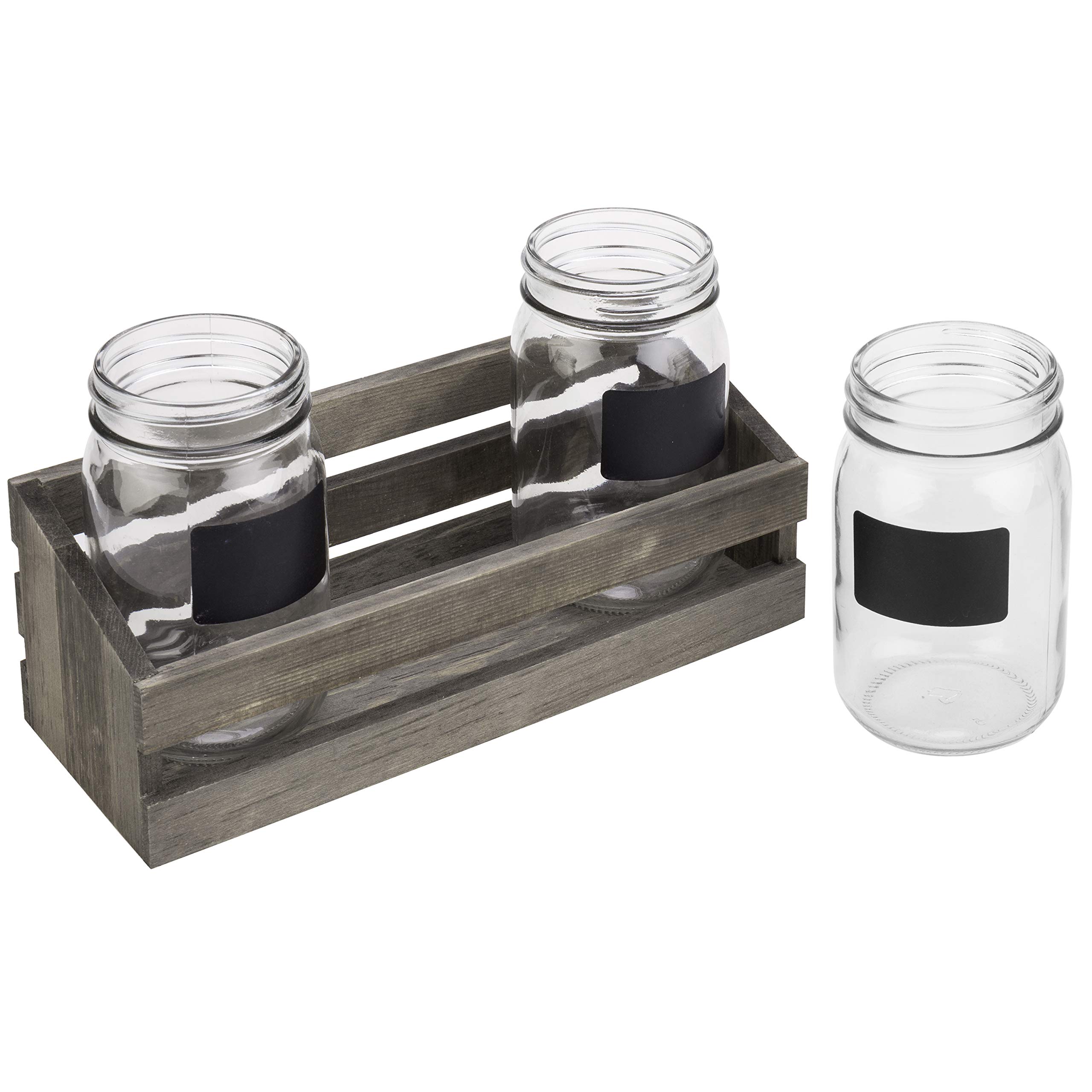 MyGift Gray Solid Wood Kitchen Countertop Flatware Utensil Holder, Casual Dining Flatware Caddy with 3 Mason Jars and Chalkboard Labels