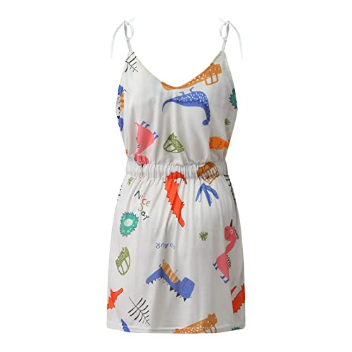 Trendy Women V Neck Dress Spaghetti Straps Sleeveless Drawstring Sling Tank Top Mini with Pocket Jean High Slit White