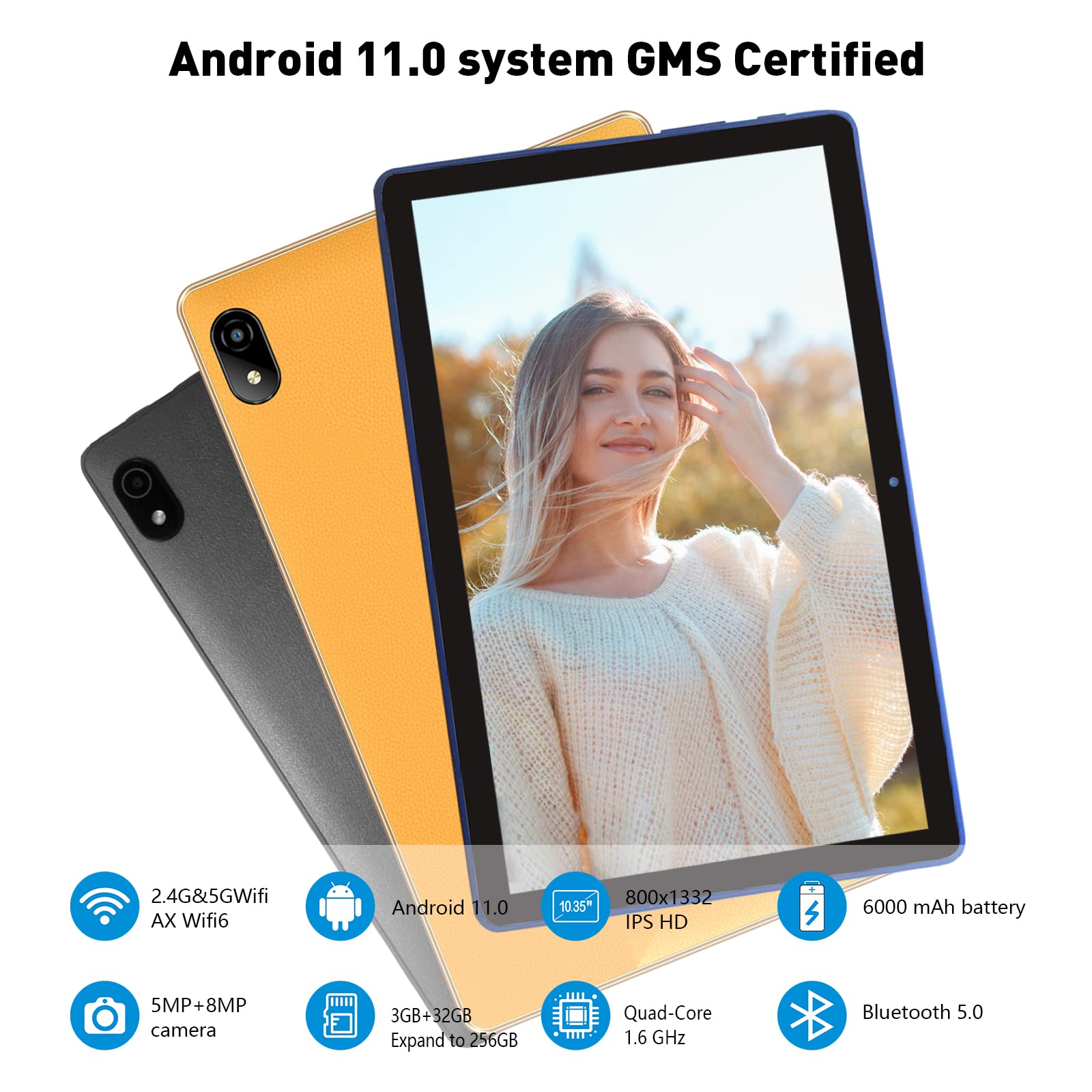 Tablet 10 Inch New,Android Tablet AX WiFi 6+2.4&5GWifi,3GB RAM 32GB ROM Storage,IPS HD 1332x800 Screen,4 Core Processor,Google Tablet, YouTube,Bluetooth 5.0,6000 mAh Battery,Leather Fine Grain(Oe)