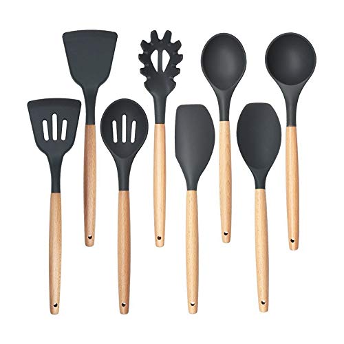 LMMDP Wooden Silicone Kitchenware Cooking Sets Soup Spoon Spatula Non-stick Shovel With Wooden Handle Special Heat-resistant Design
